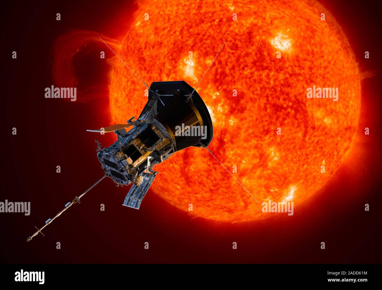 Parker Solar Probe approaching the Sun. Computer illustration showing ...