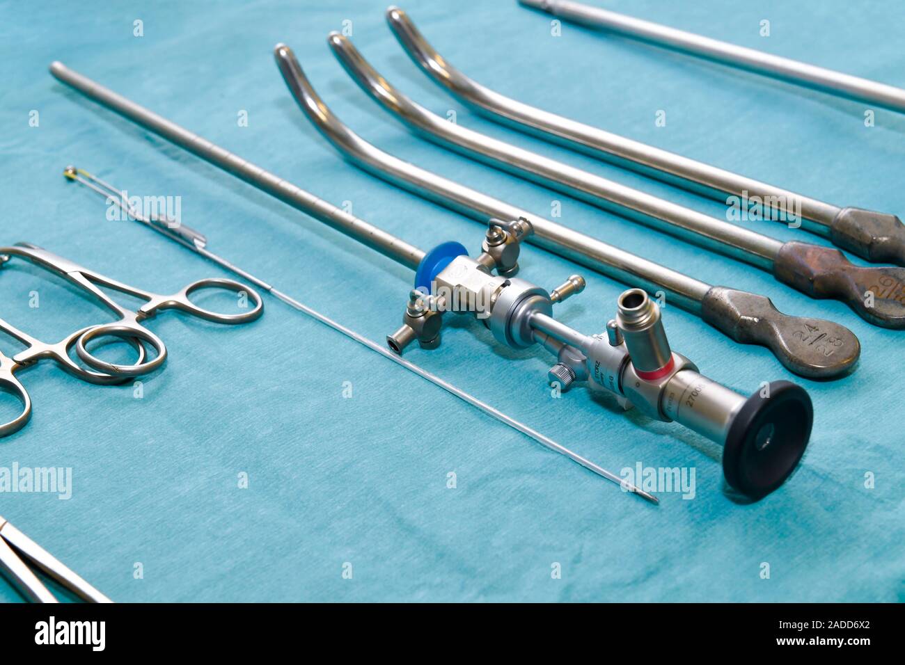 Cystoscope and attachments ready for surgery. A cystoscope is an endoscope used to access the ...