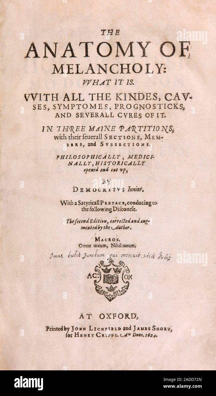 The Anatomy of Melancholy (1624). Title page from the 1624 second ...