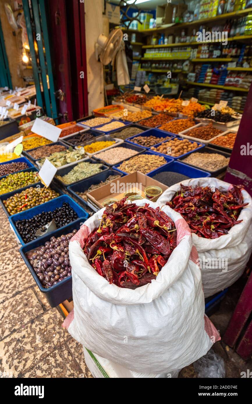 Large selection of various spices and peppers for sale on the eastern ...
