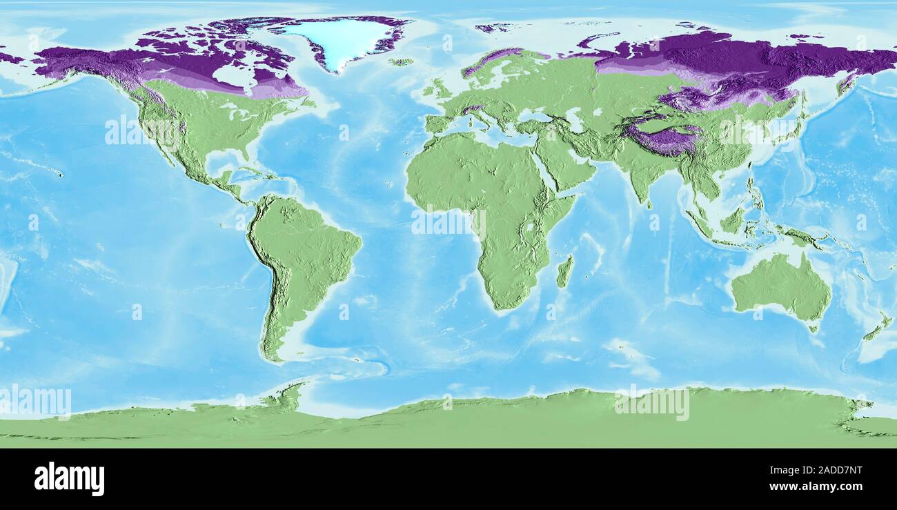 Global permafrost layers. Cylindrical world map showing the permafrost ...