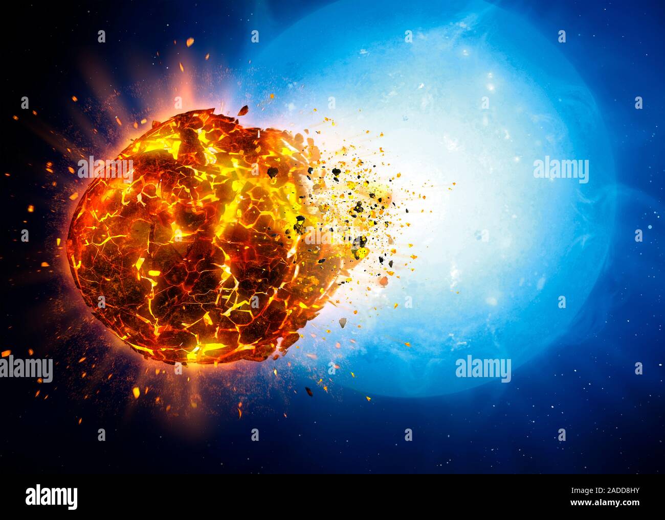 Artwork of a white dwarf star destroying a planet. White dwarfs are the ...