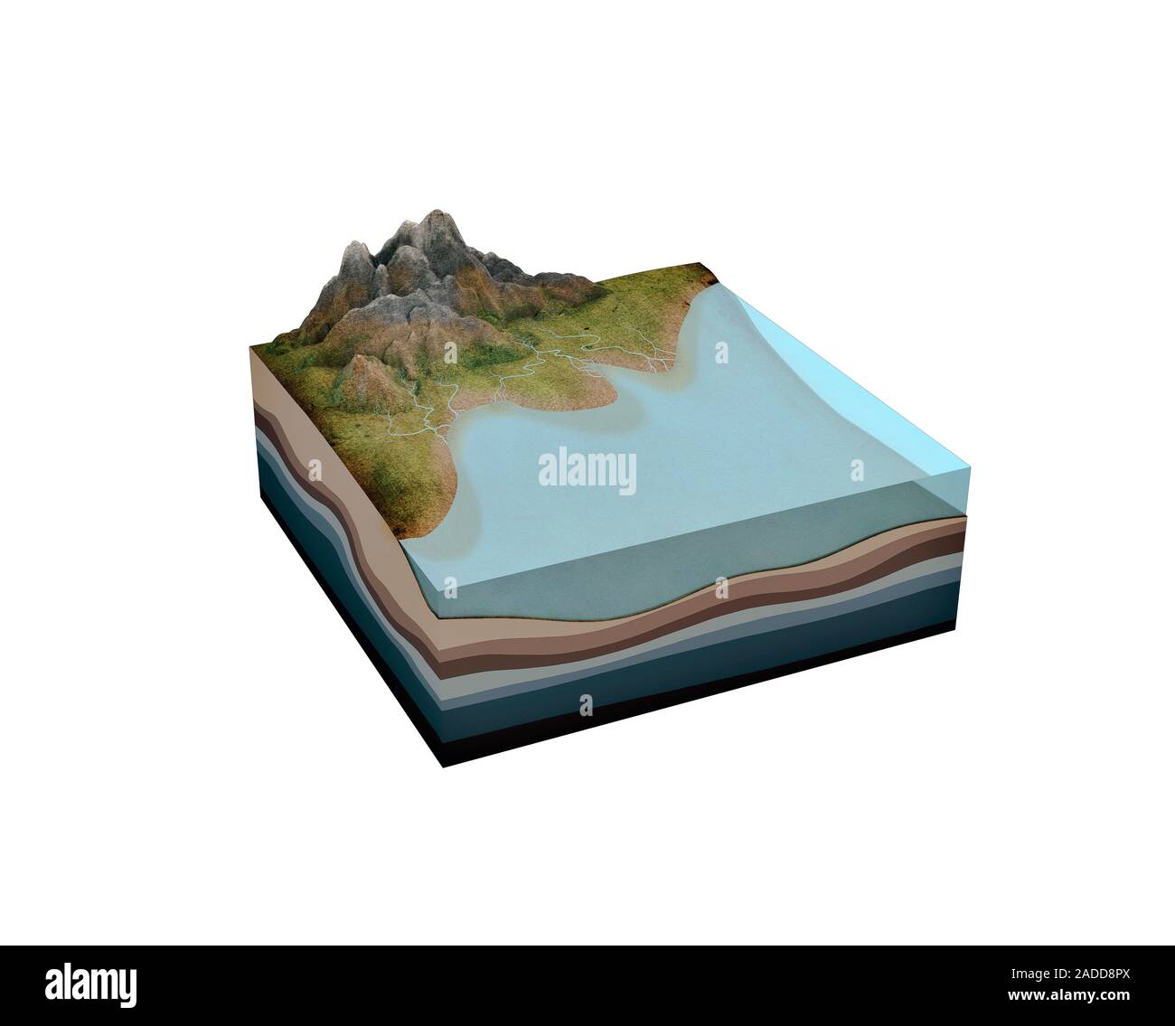 Formation of sedimentary rock. Block illustration of mountains on land ...