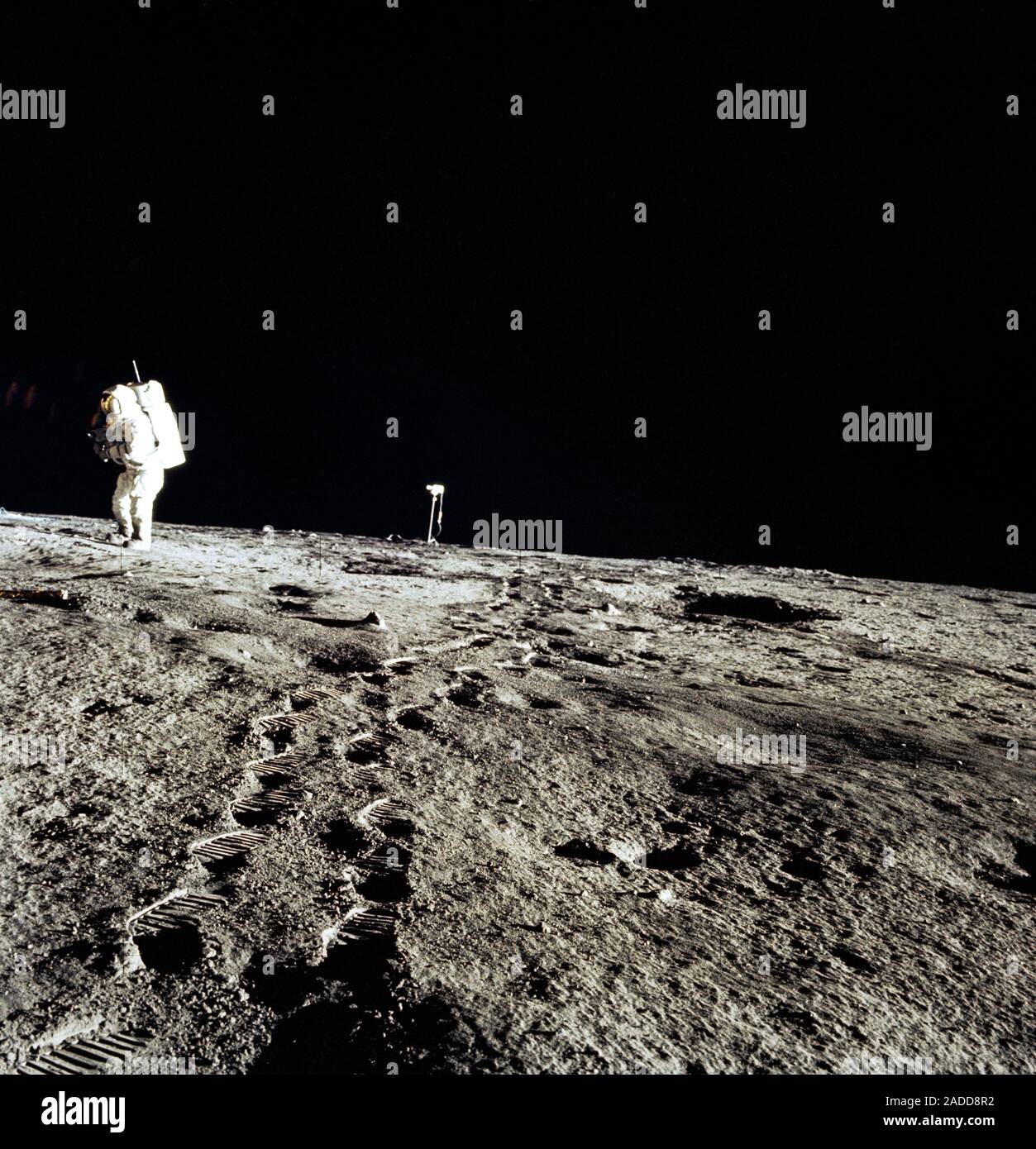 Apollo 12 astronaut and TV camera. US astronaut Alan Bean, lunar module ...