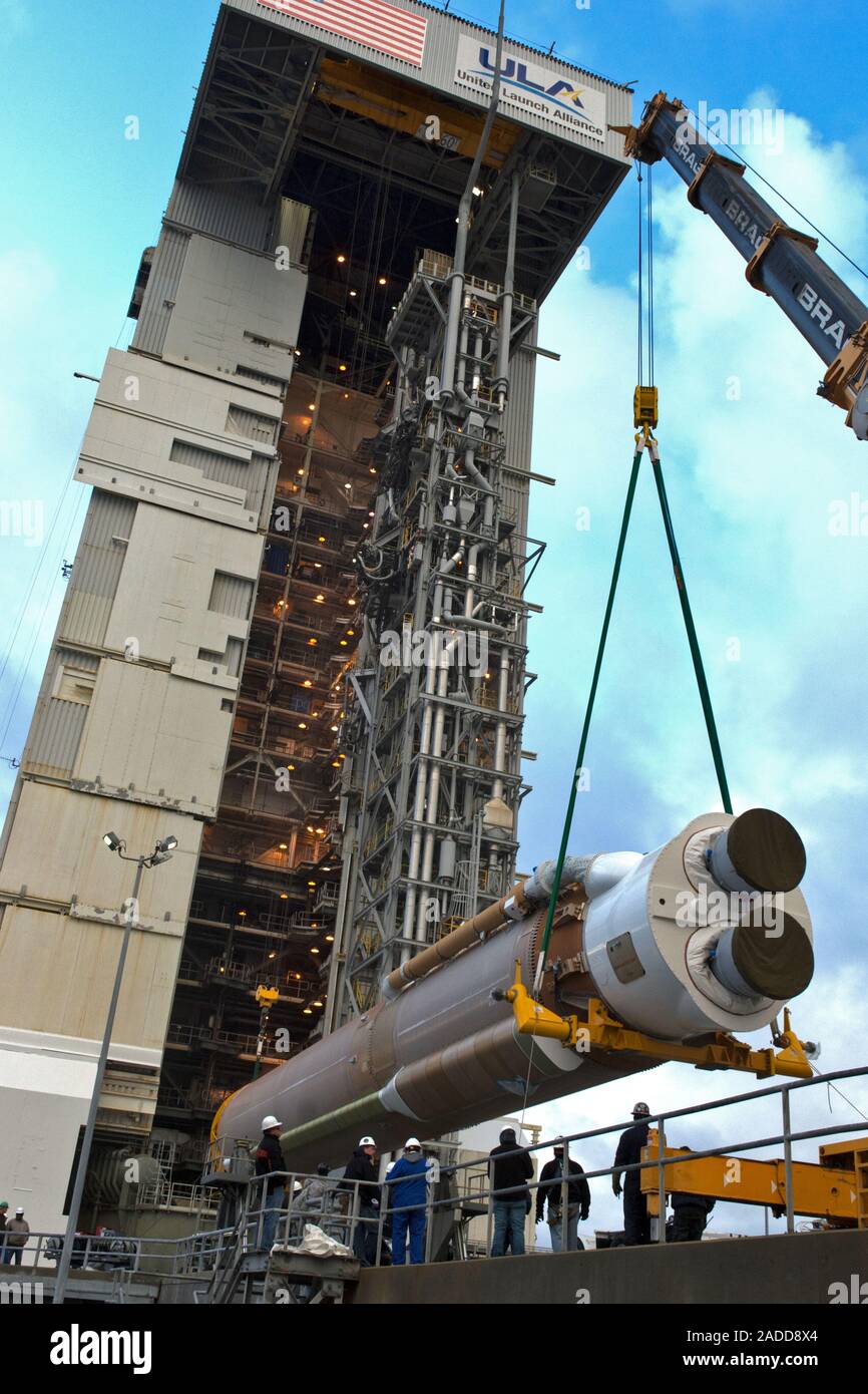 InSight Mars lander launch preparations. Crane being used to lift part ...
