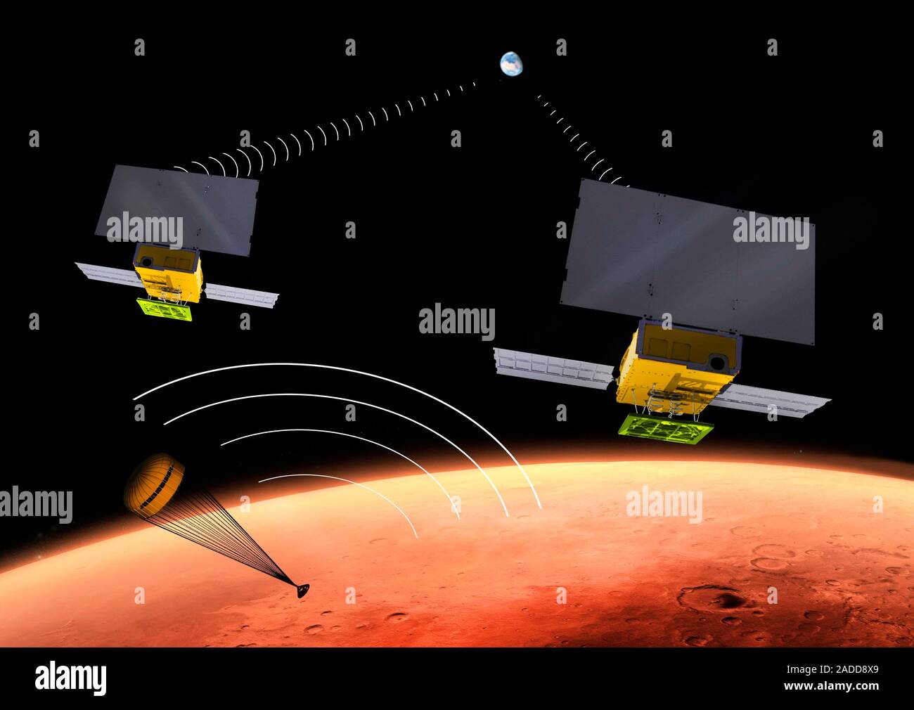 MarCO CubeSats and InSight lander at Mars. Illustration of the MarCO ...