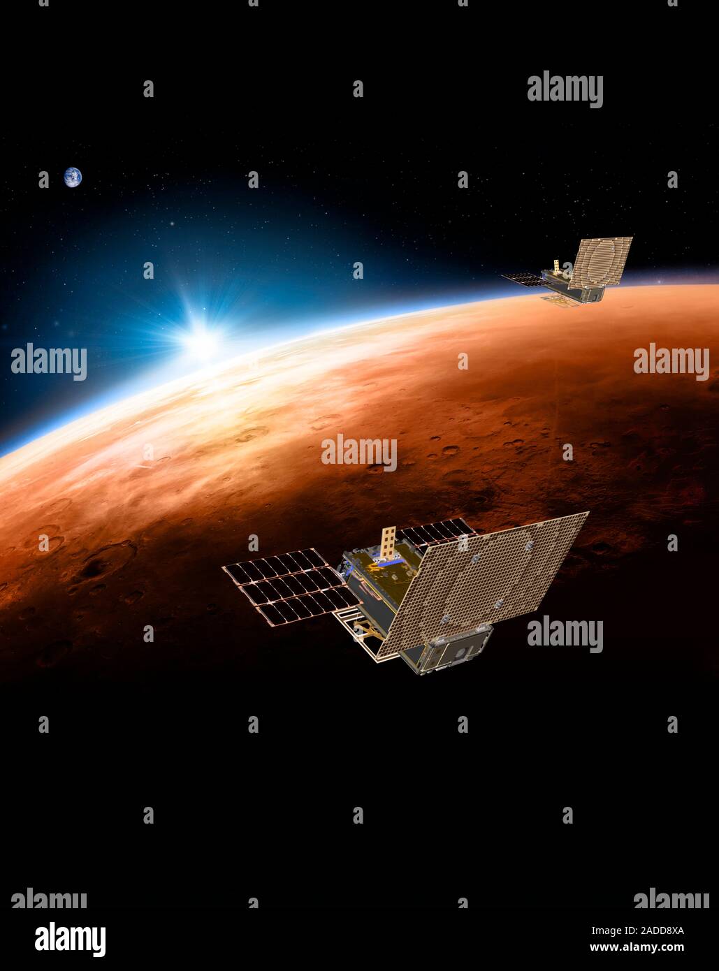 MarCO CubeSats at Mars. Illustration of the MarCO (Mars Cube One ...