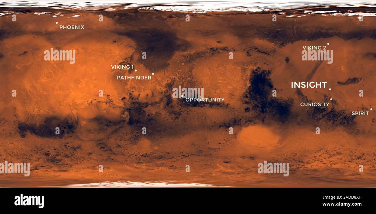 Mars mission landing sites. Labelled cylindrical map of the landing ...