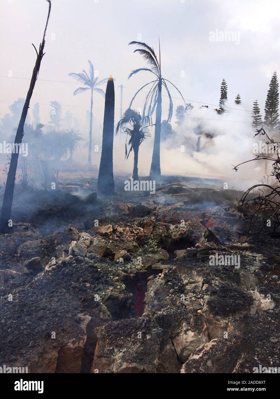 Cracked ground due to Kilauea eruption, with fumes rising from the ...