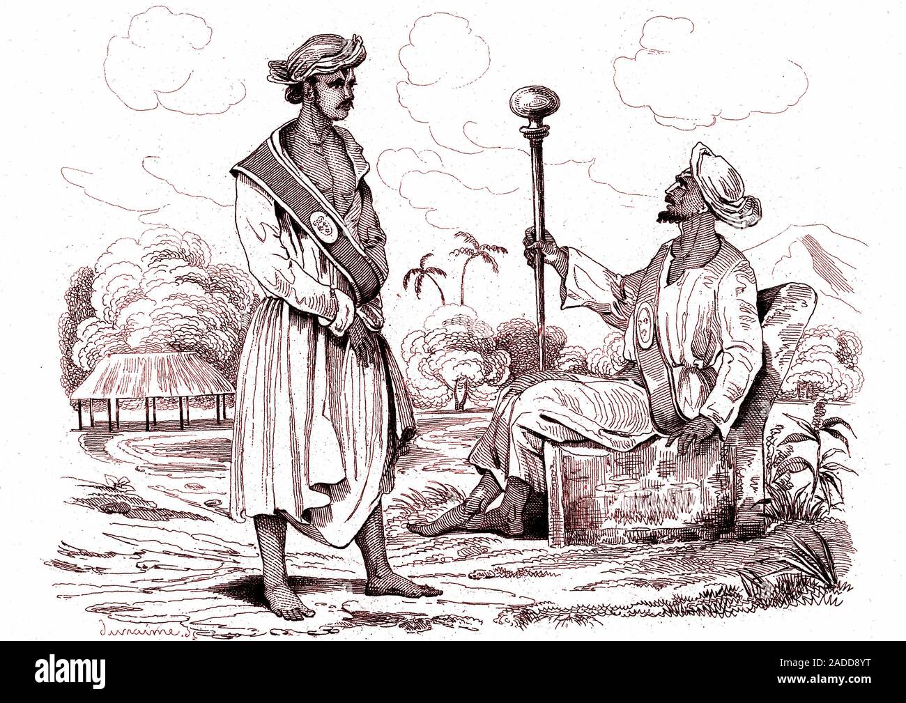 19th Century Hindu watchmen. 1834 illustration of two Hindu watchmen in ...