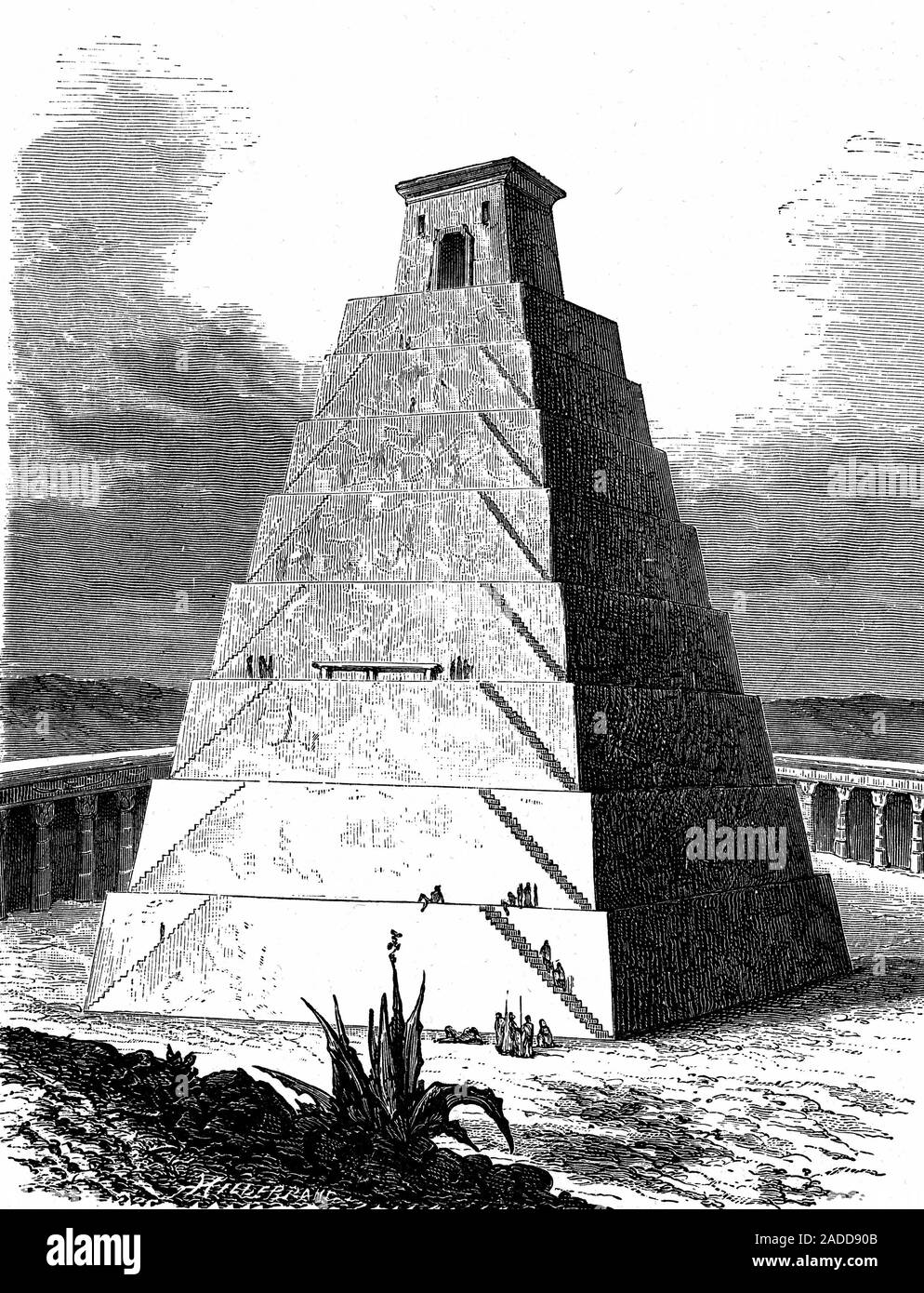 Mexican pyramid. 1877 illustration of an ancient stepped pyramid in ...