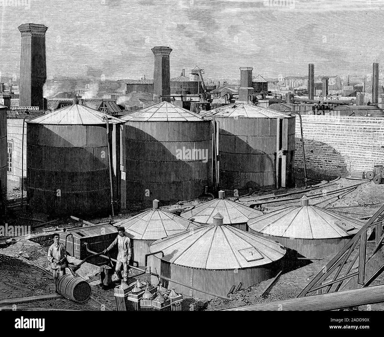 19th Century Russian oil and fuel plant. 1890 illustration of workers ...