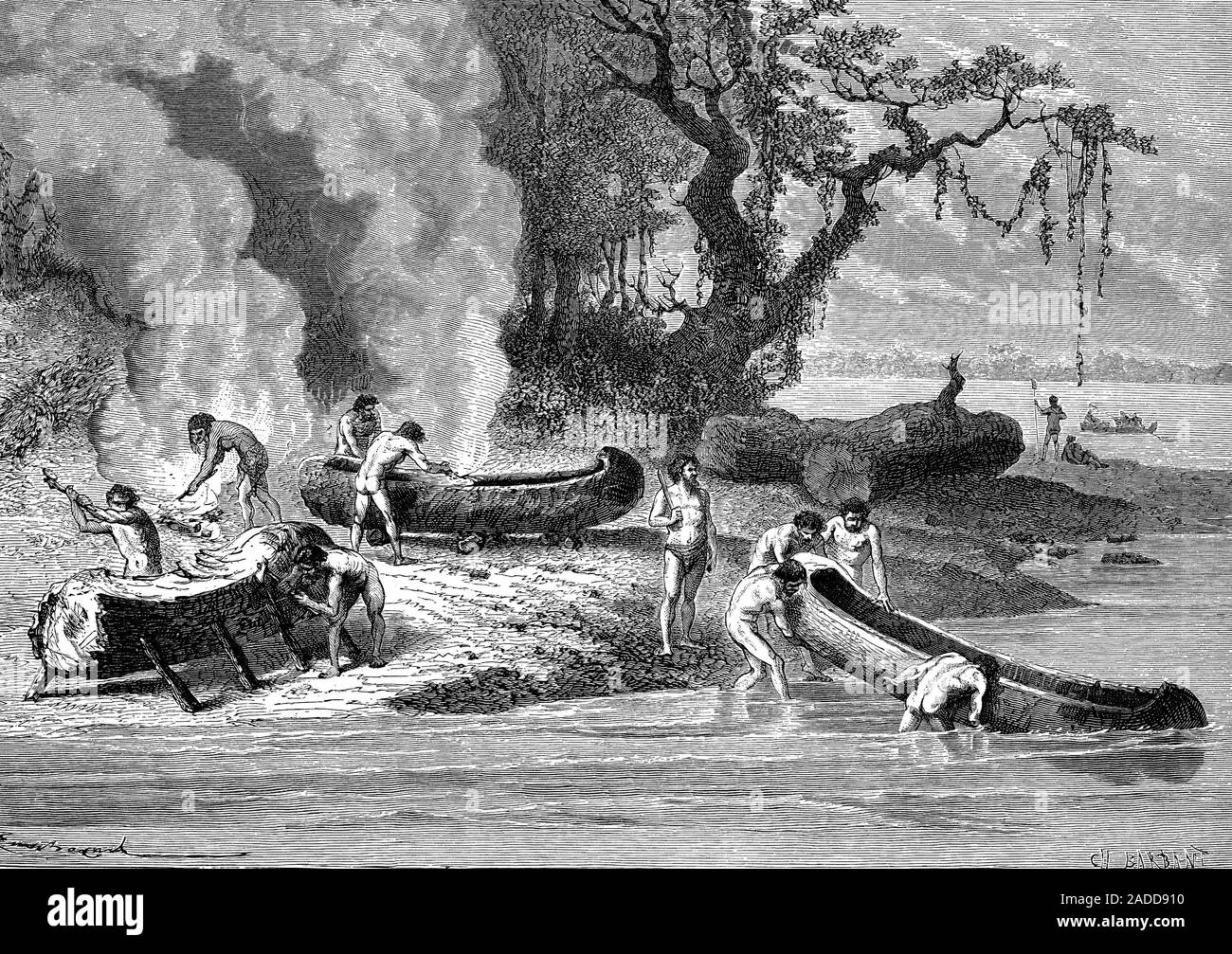 Prehistoric men building canoes, 1877 illustration Stock Photo - Alamy