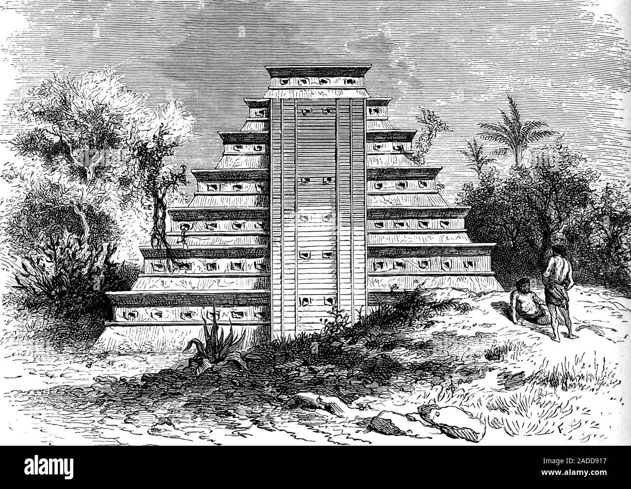 Mexican pyramid. 1877 illustration of an ancient stepped pyramid in ...