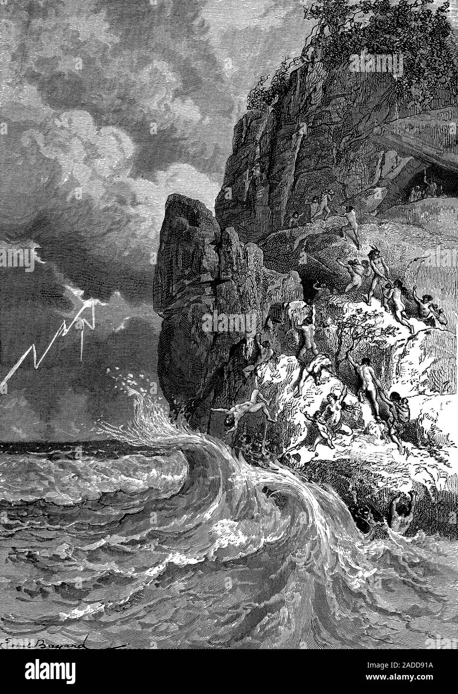Prehistoric humans during storm. 1877 illustration of prehistoric cave ...