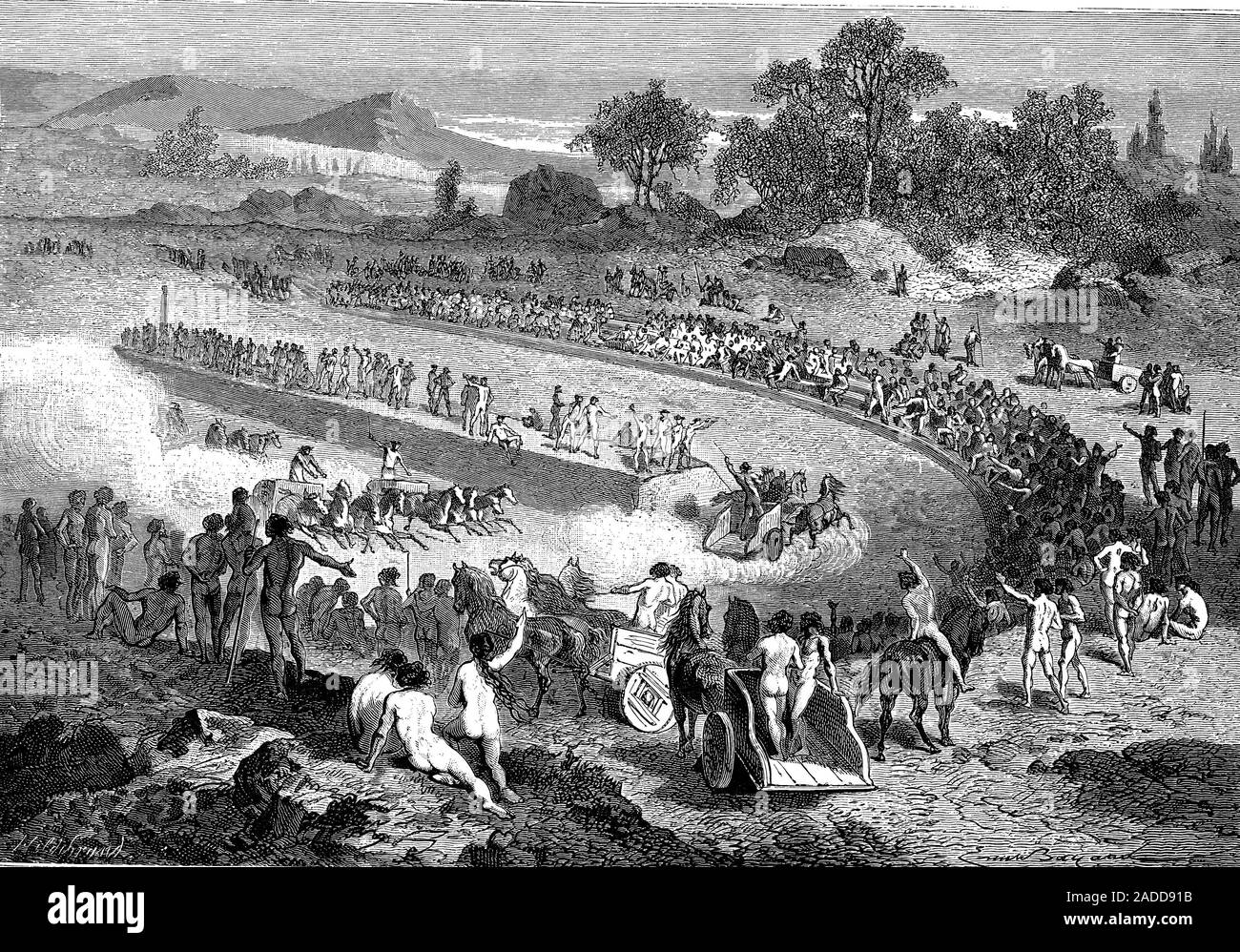 Prehistoric racing. 1877 illustration of prehistoric humans watching a ...