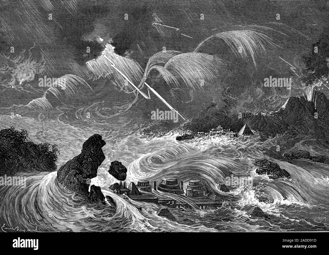 Prehistoric flood. 1877 illustration of a prehistoric town being ...