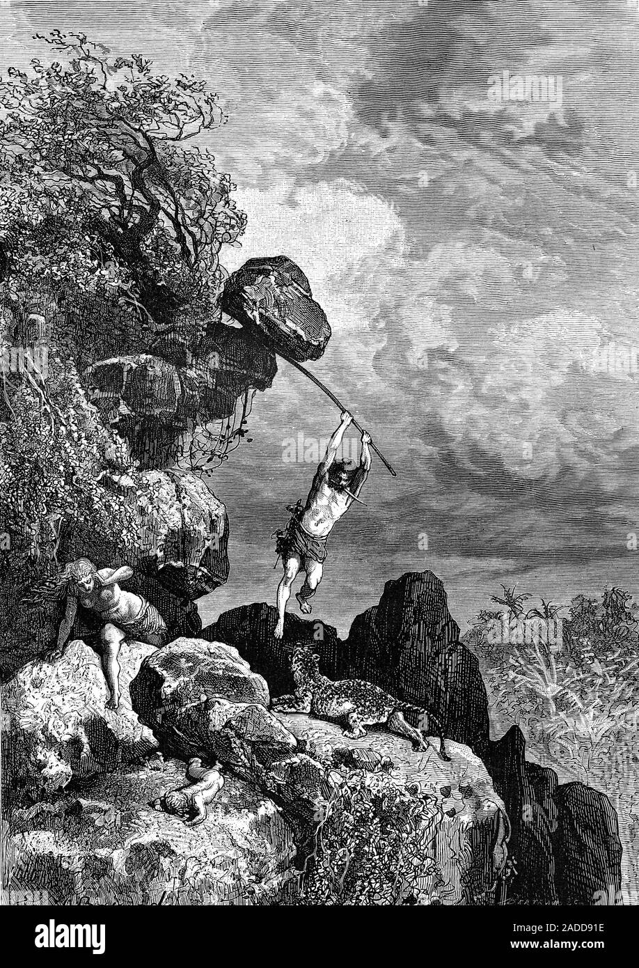 Prehistoric tool use. 1877 illustration of a prehistoric man using a ...