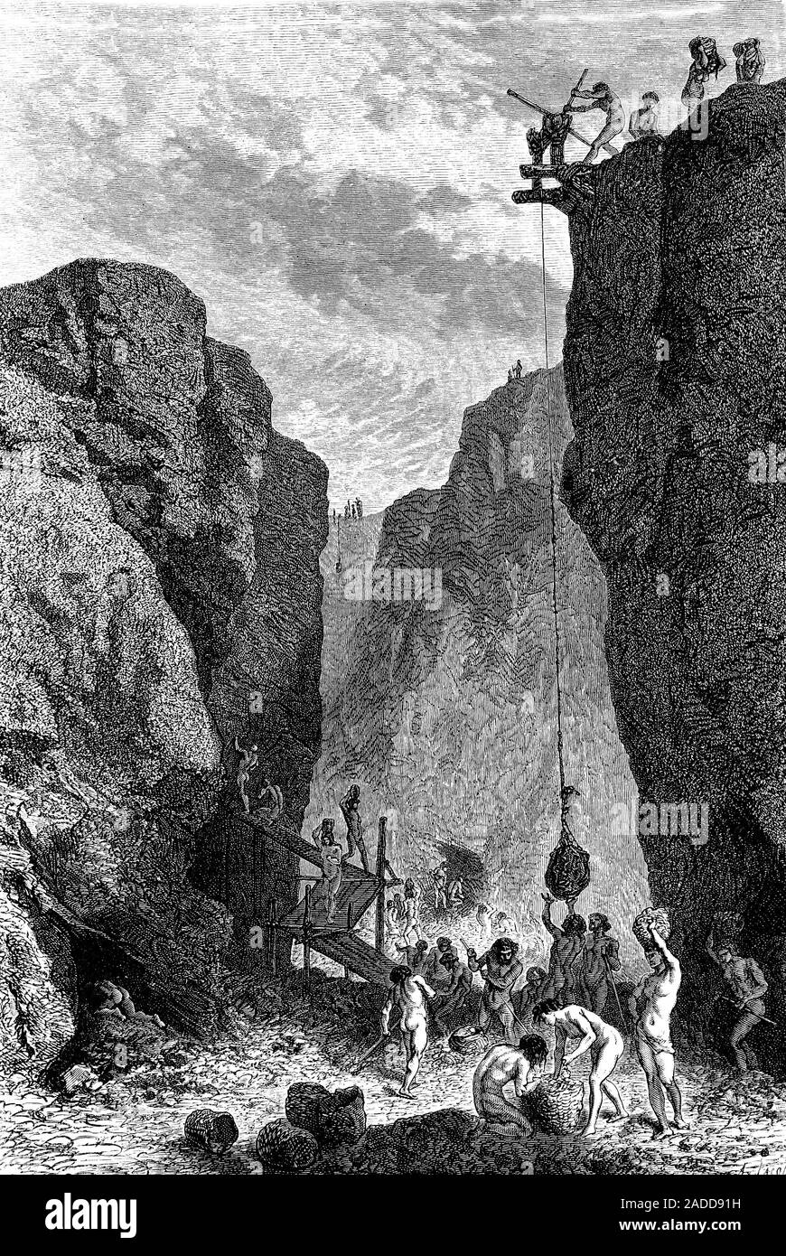 Prehistoric mining. 1877 illustration of prehistoric men working at a ...