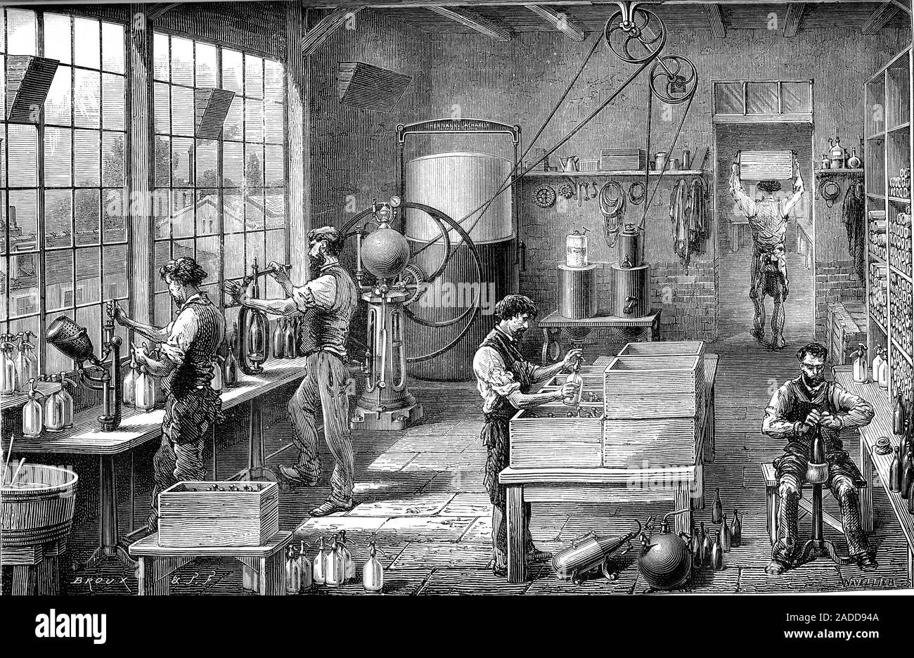 19th Century soda water factory. 1880 illustration of men working in a ...