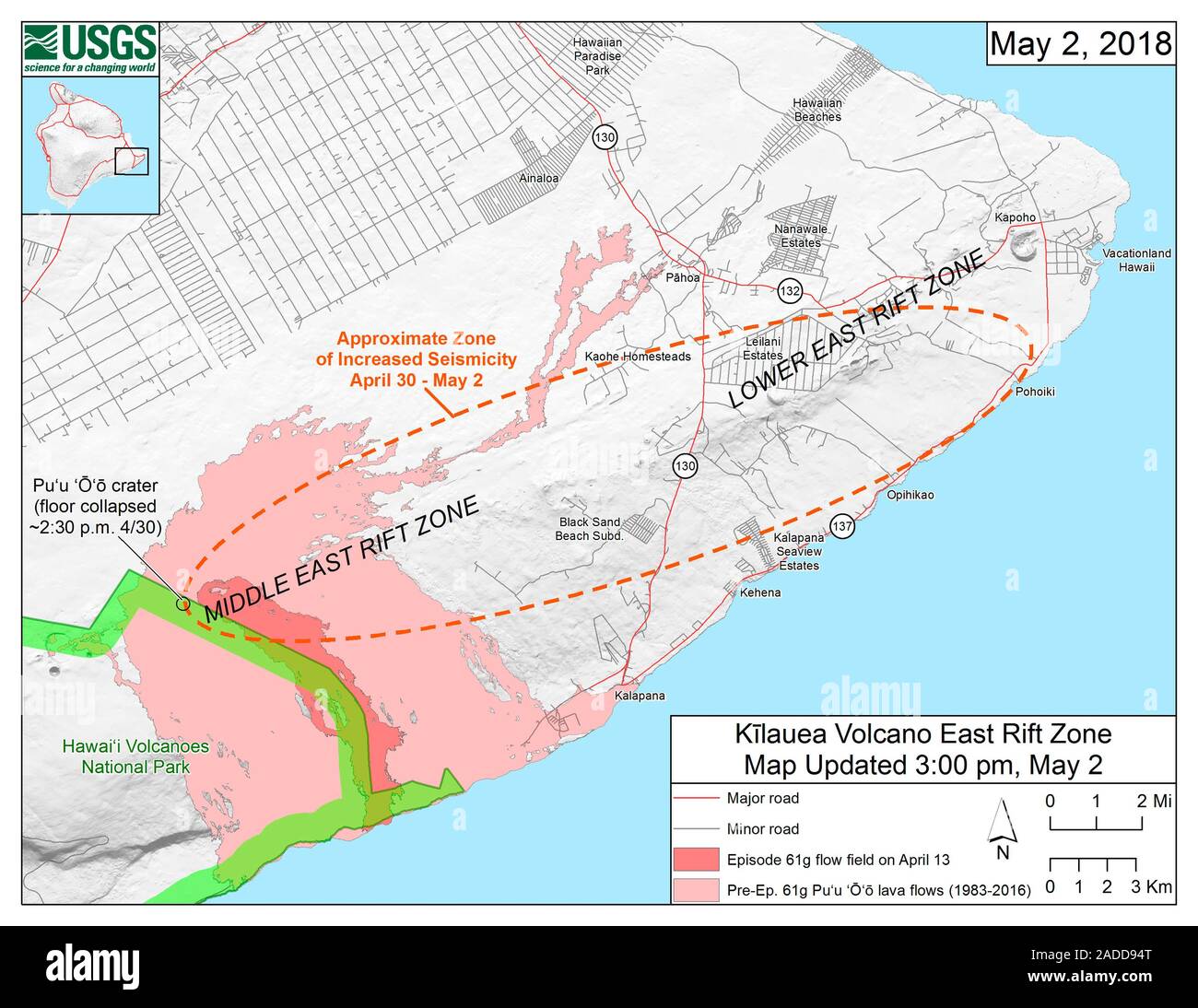 Kilauea eruption earthquake map, 2 May 2018. Map of ongoing intrusion ...