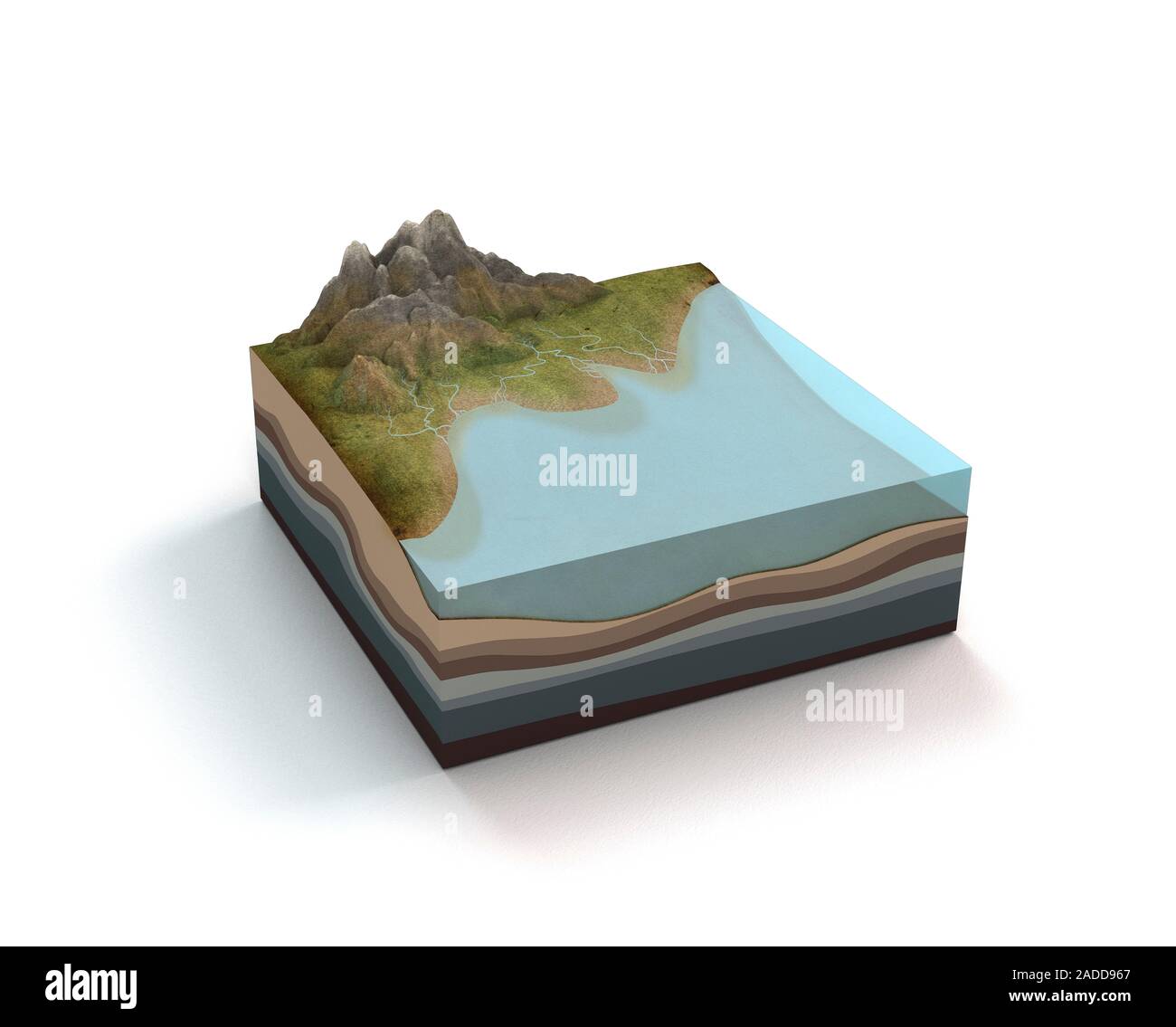 Formation of sedimentary rock. Block illustration of mountains on land ...