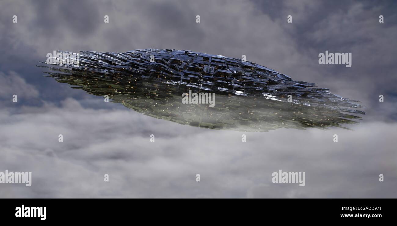 UFO, alien spaceship flying through the clouds Stock Photo - Alamy