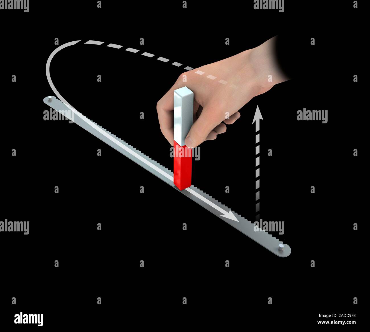 Magnetizing a metal object with a bar magnet. Illustration of the ...