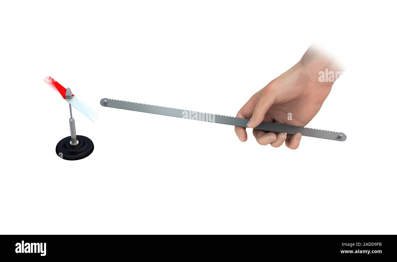 Attracting a compass needle with a magnetized object. Illustration of ...