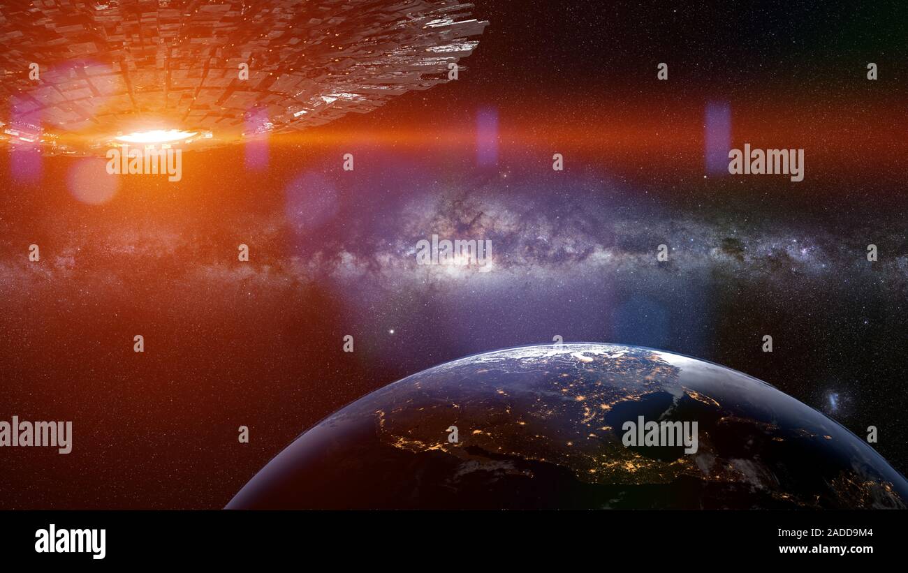 alien spaceship, UFO in orbit of planet Earth Stock Photo - Alamy