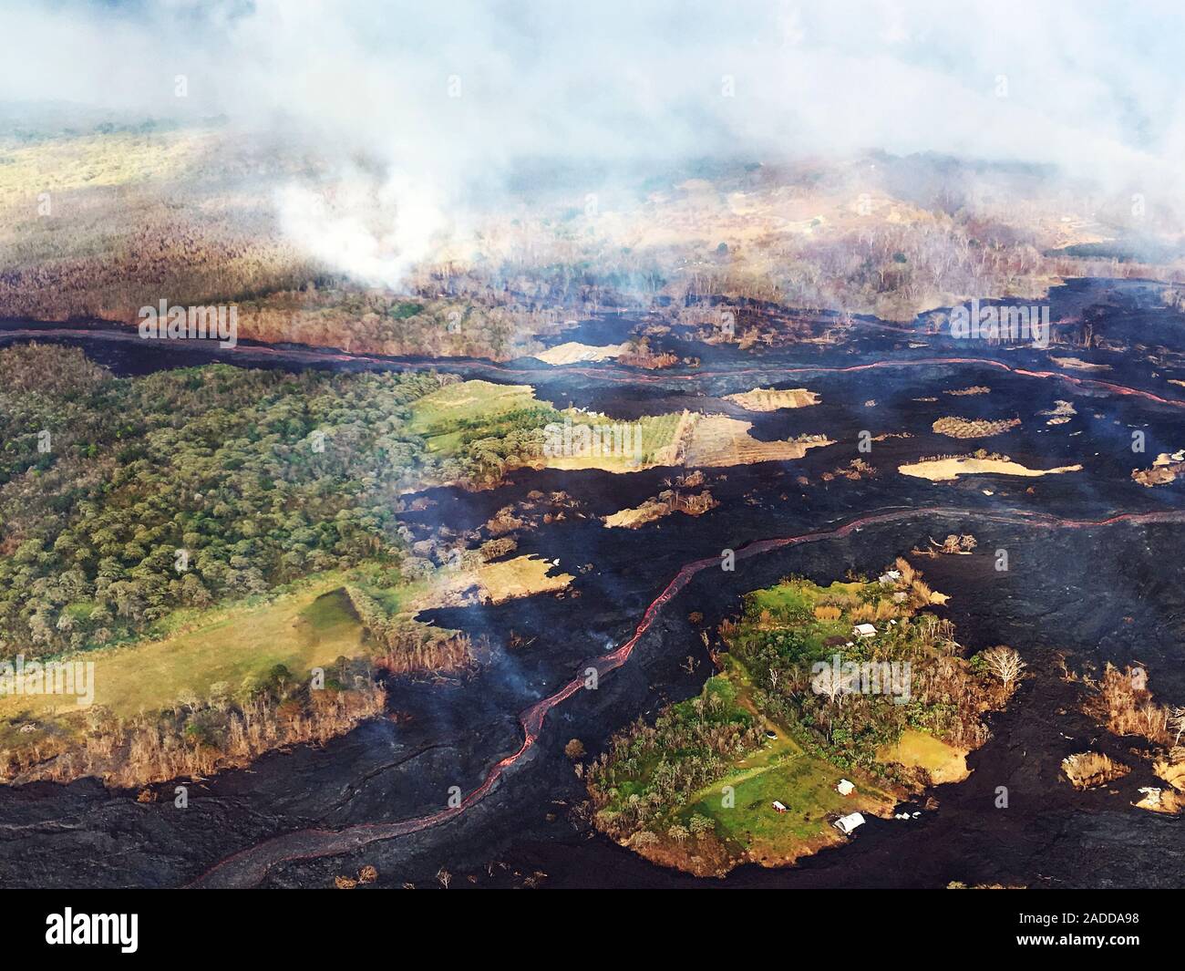 Kilauea eruption lava flows. Aerial photograph of lava flows from a ...