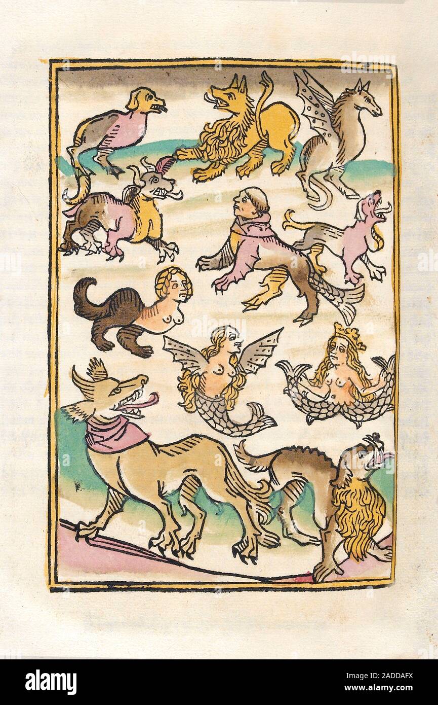 Hybrid and mythological creatures, 15th-century illustration. Some of ...