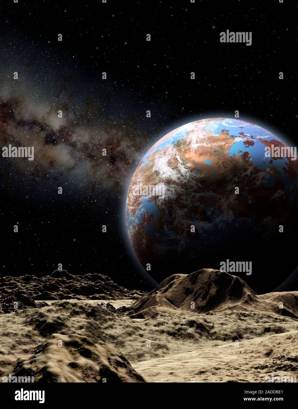 Earth-like planet seen from its moon, illustration. The Milky Way is in ...