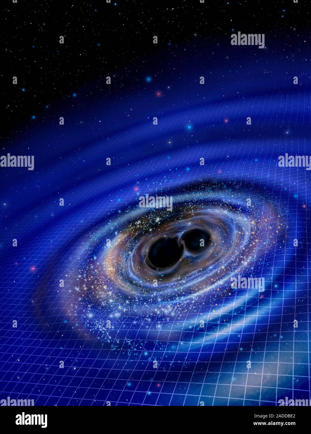 Colliding black holes. Illustration of the merger of two black holes, a ...