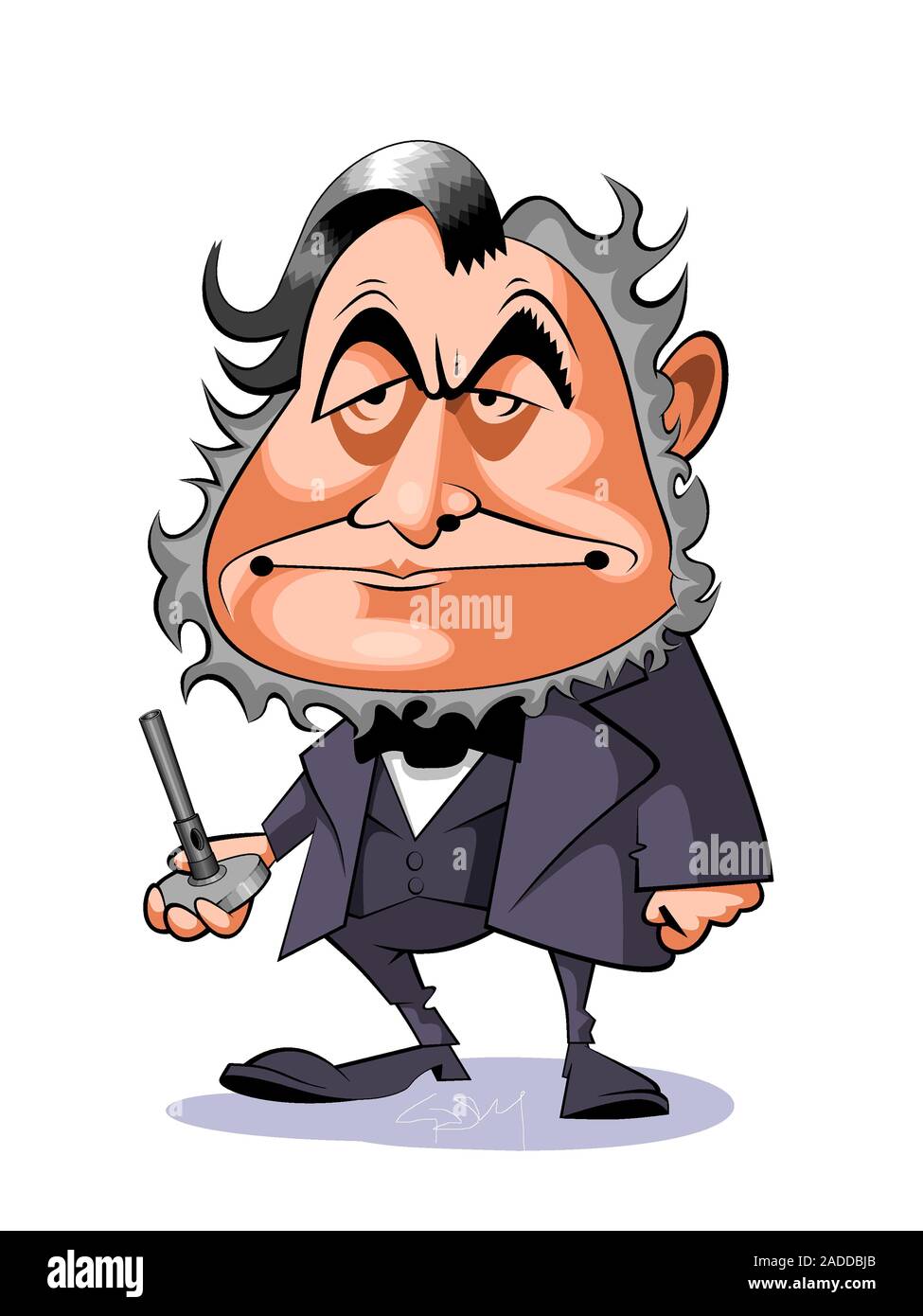 Caricature of the German chemist Robert Bunsen (1811-1899), holding a ...