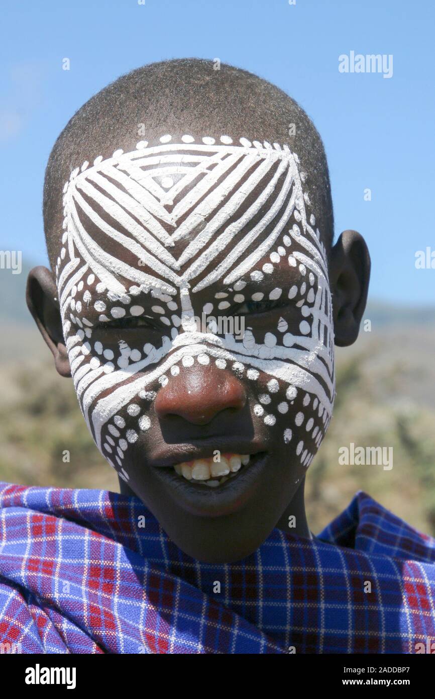 Maasai boy with painted face, Ngorongoro Conservation Area, Tanzania ...