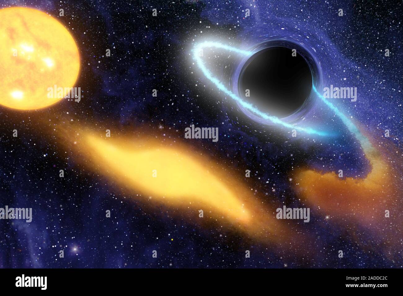 Supermassive black hole destroying star, illustration. Located at the ...