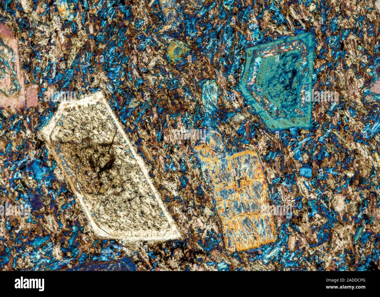 Andelatite mineral rock crystals, polarised light micrograph. This rock ...