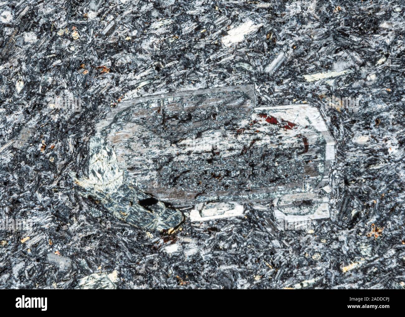 Andelatite mineral rock crystals, polarised light micrograph. This rock ...