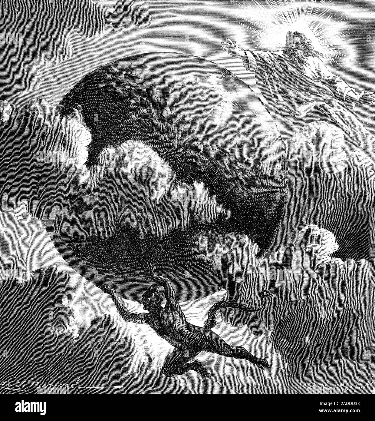 Earth with God and the Devil. 19th-century illustration titled 'The ...