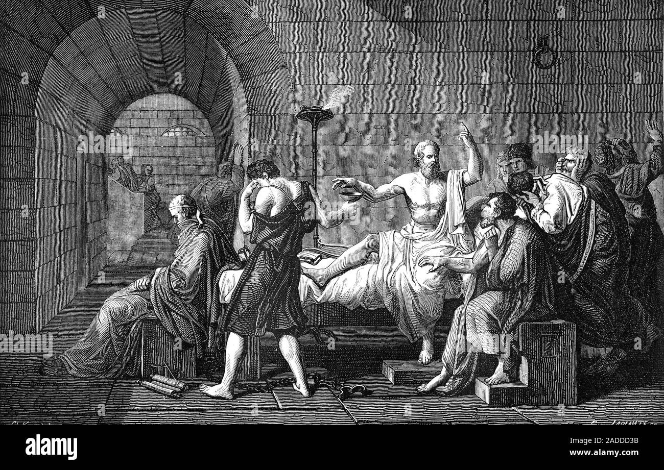 The Death of Socrates, 19th-century engraving. This engraving is a copy ...