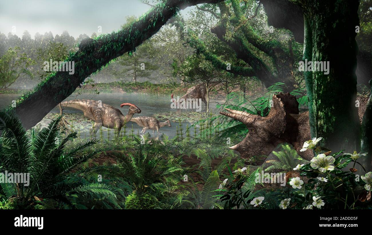 Laramidia prehistoric island. Computer illustration of hadrosaurs ...