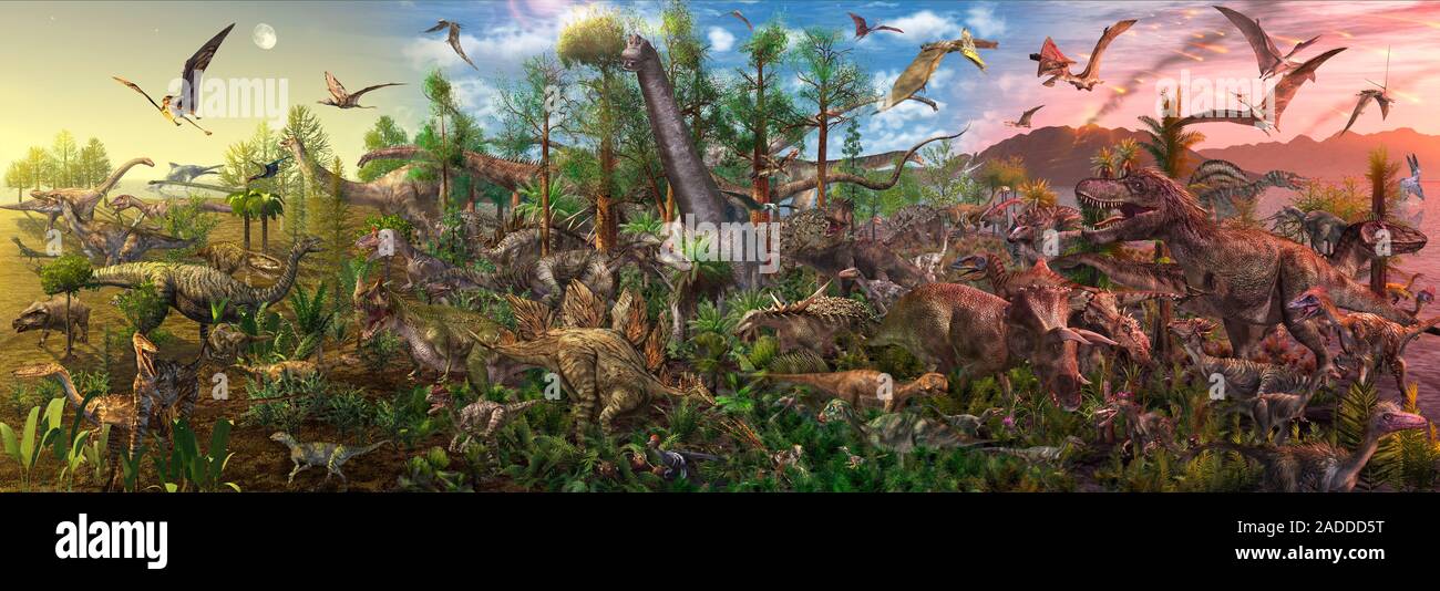 Age of the dinosaurs. Panoramic computer illustration showing various ...