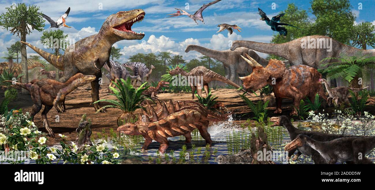Cretaceous dinosaurs. Computer illustration showing various dinosaurs ...