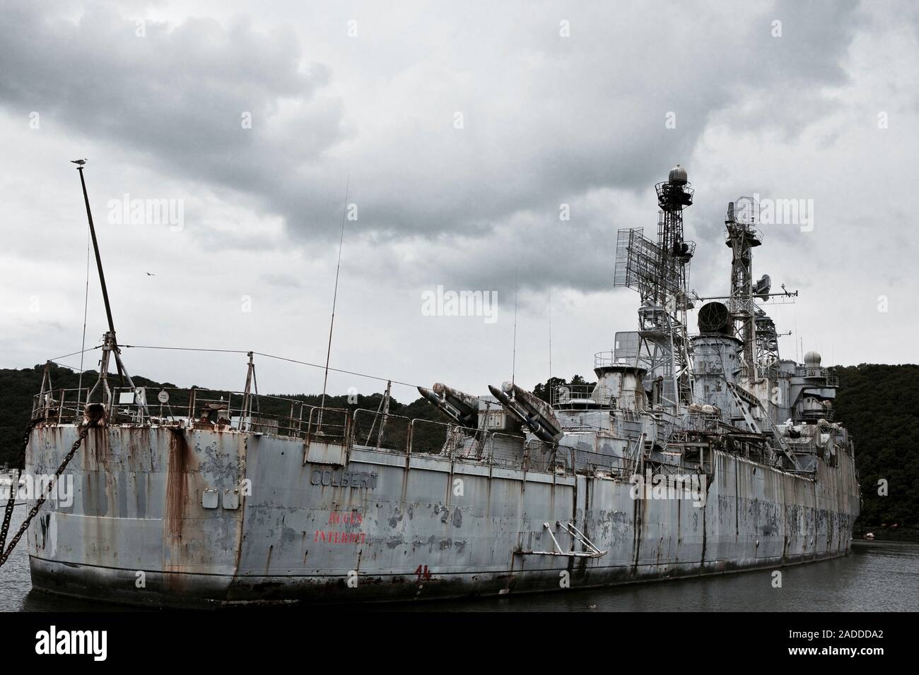 French cruiser Colbert awaiting scrapping. Rusting hulk of the 180-metre-long cruiser Colbert ...