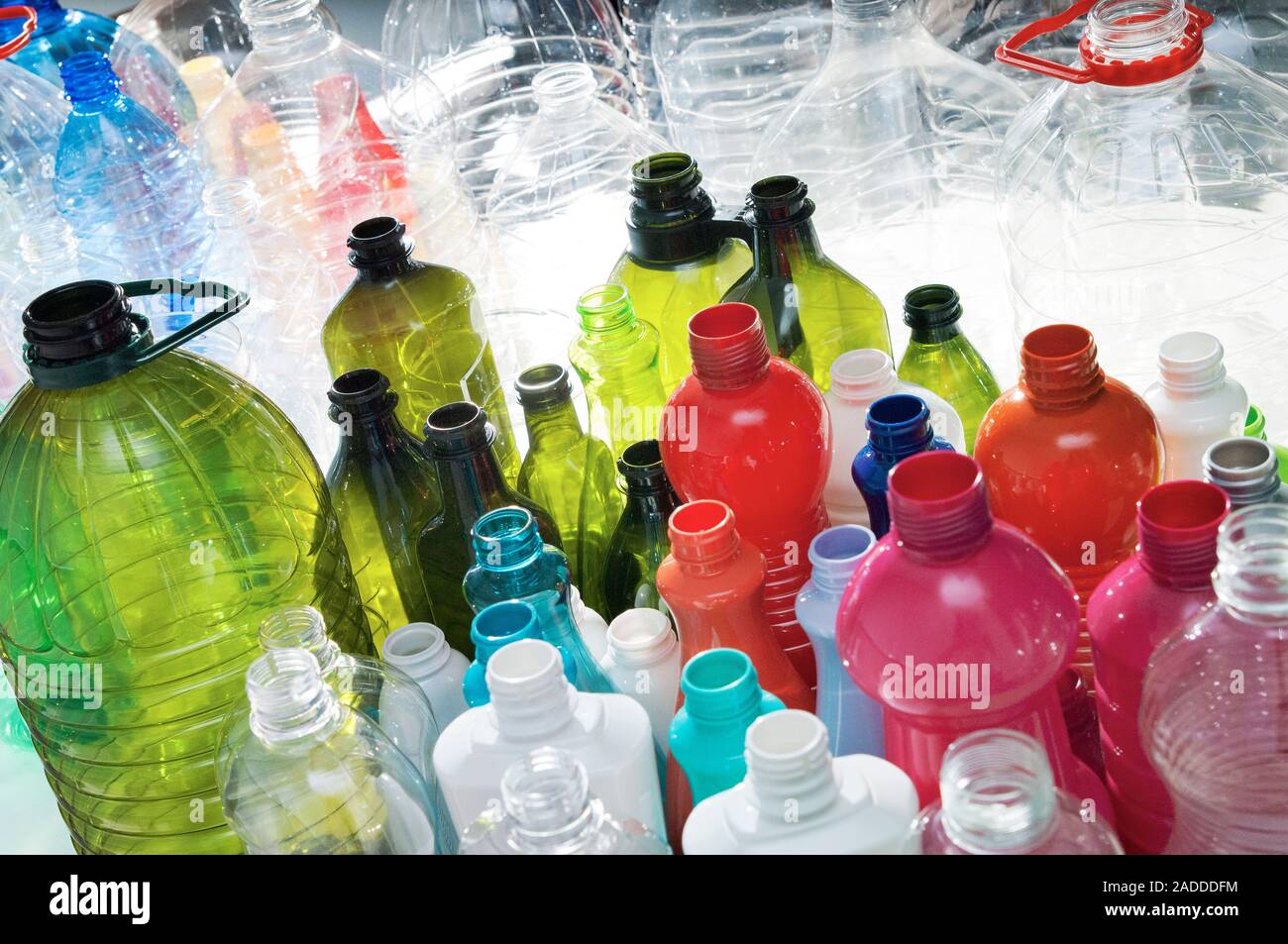 Plastic bottles. Array of plastic bottles of different sizes, colours ...