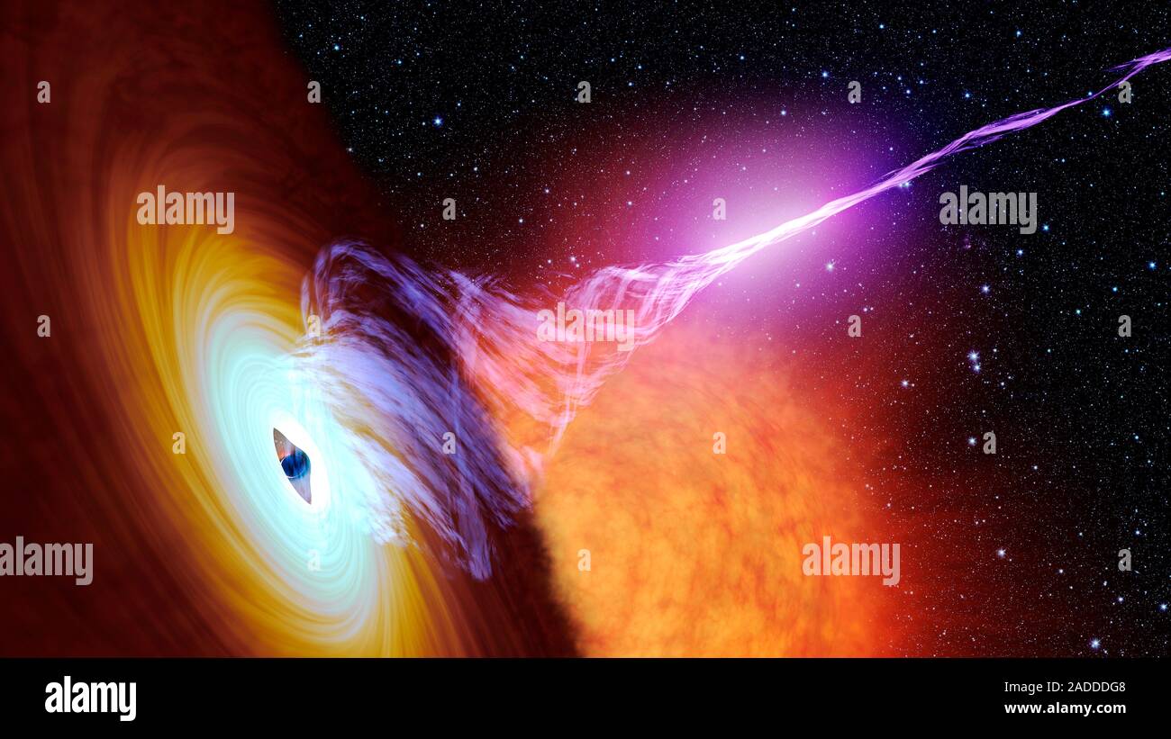 Black hole with accretion disc and plasma jet, illustration. This ...