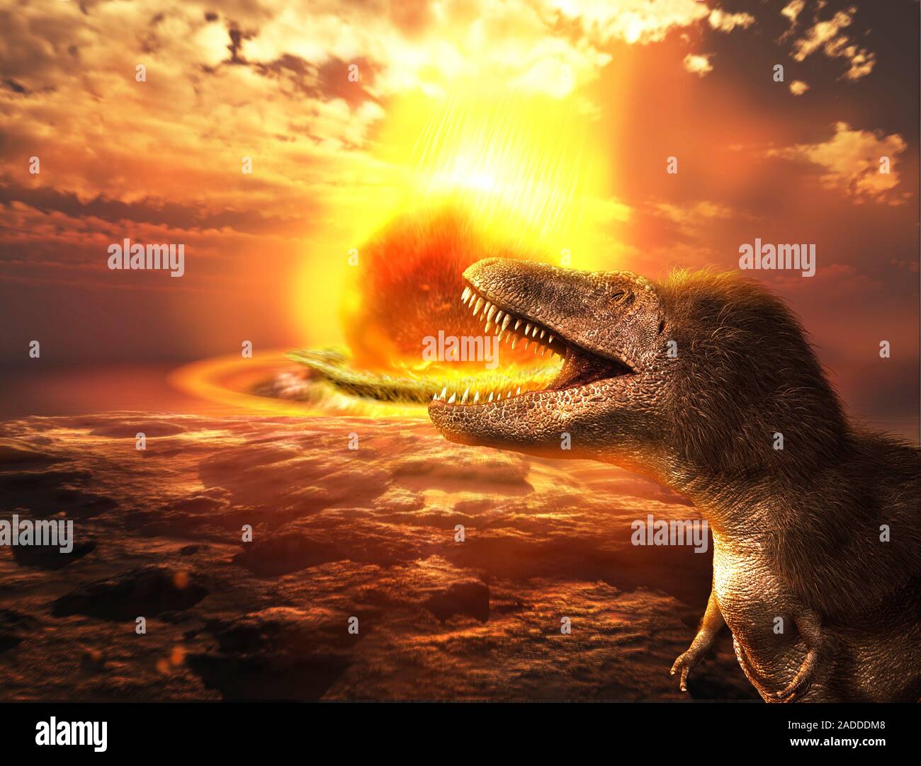End of the dinosaurs. Illustration of a dinosaur and an asteroid impact in a depiction of the ...