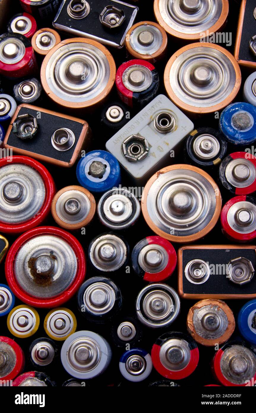 Battery recycling, conceptual image. Selection of used household ...