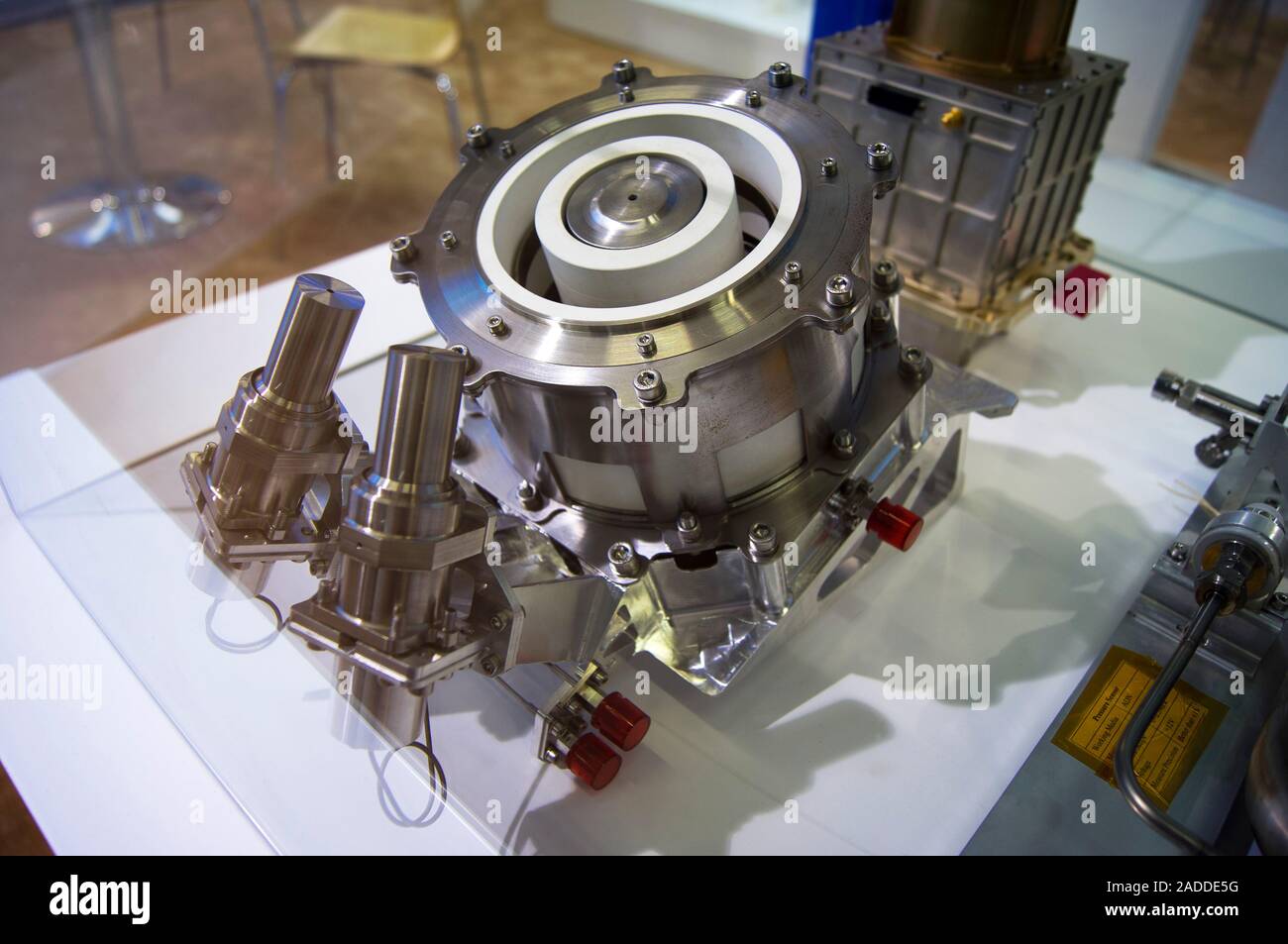 A spacecraft ion thruster on display at the 2015 Paris Air Show. This ...